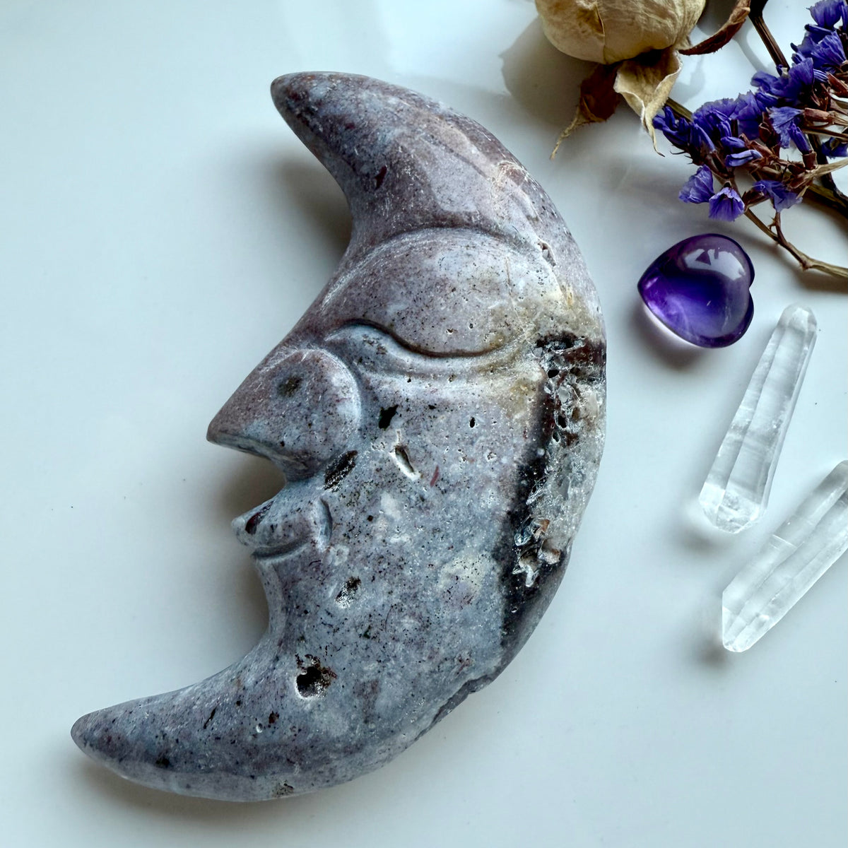 Purple Ocean Jasper Moon Face – Crystal Carving for Healing & Décor ...