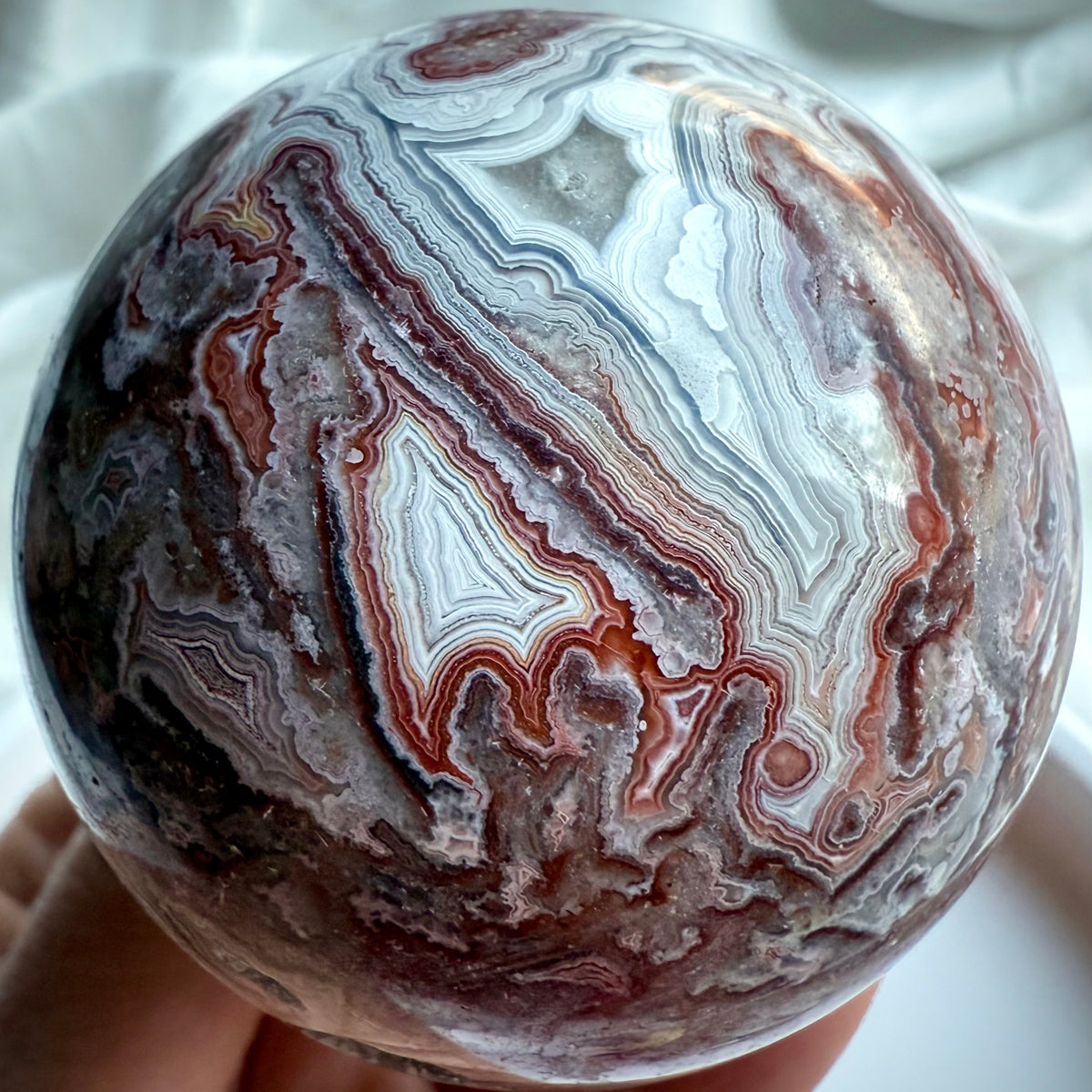 Crazy Lace Agate Sphere – Burgundy Swirls & Druzy Caves for Joy – Wild ...