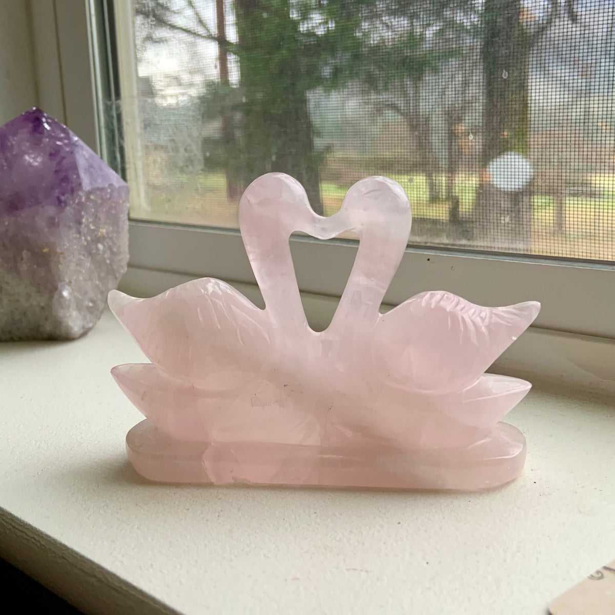 Rose Quartz Kissing Swans – Wild Mountain Crystals